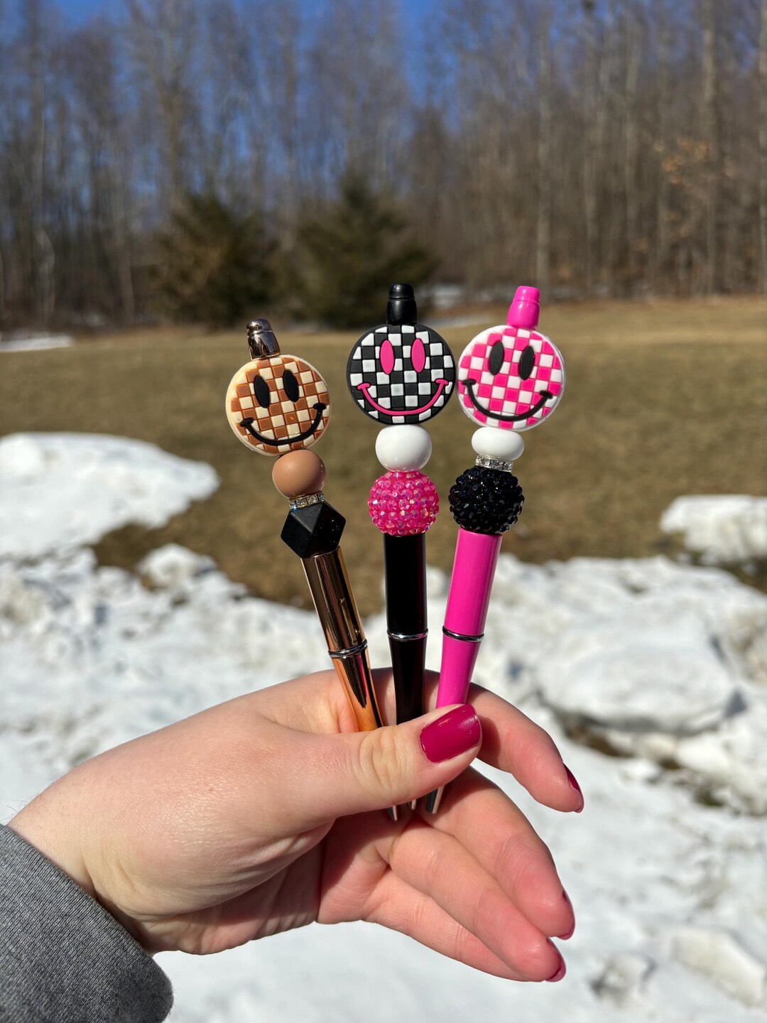 Handmade Silicone Beaded Smiley Face Checker Print Pens - Black Ink ...