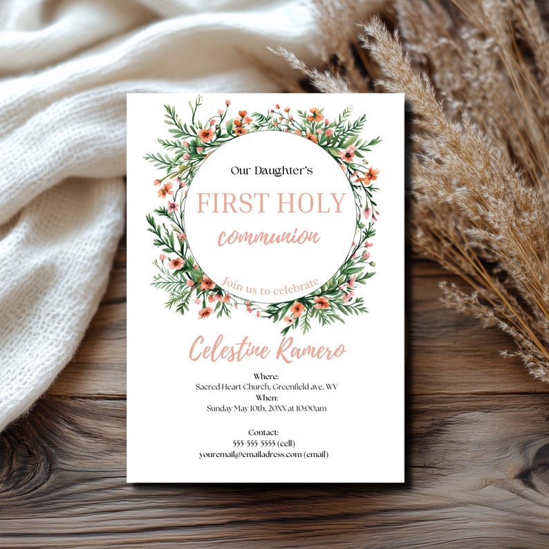 Orange Wildflower First Holy Communion Invitation Card Instant ...