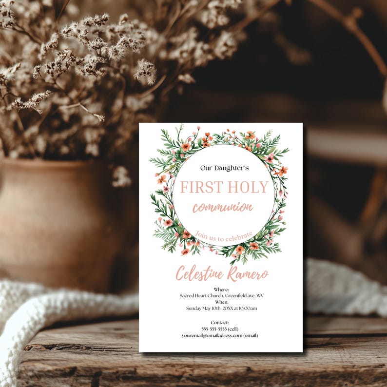 Orange Wildflower First Holy Communion Invitation Card Instant ...