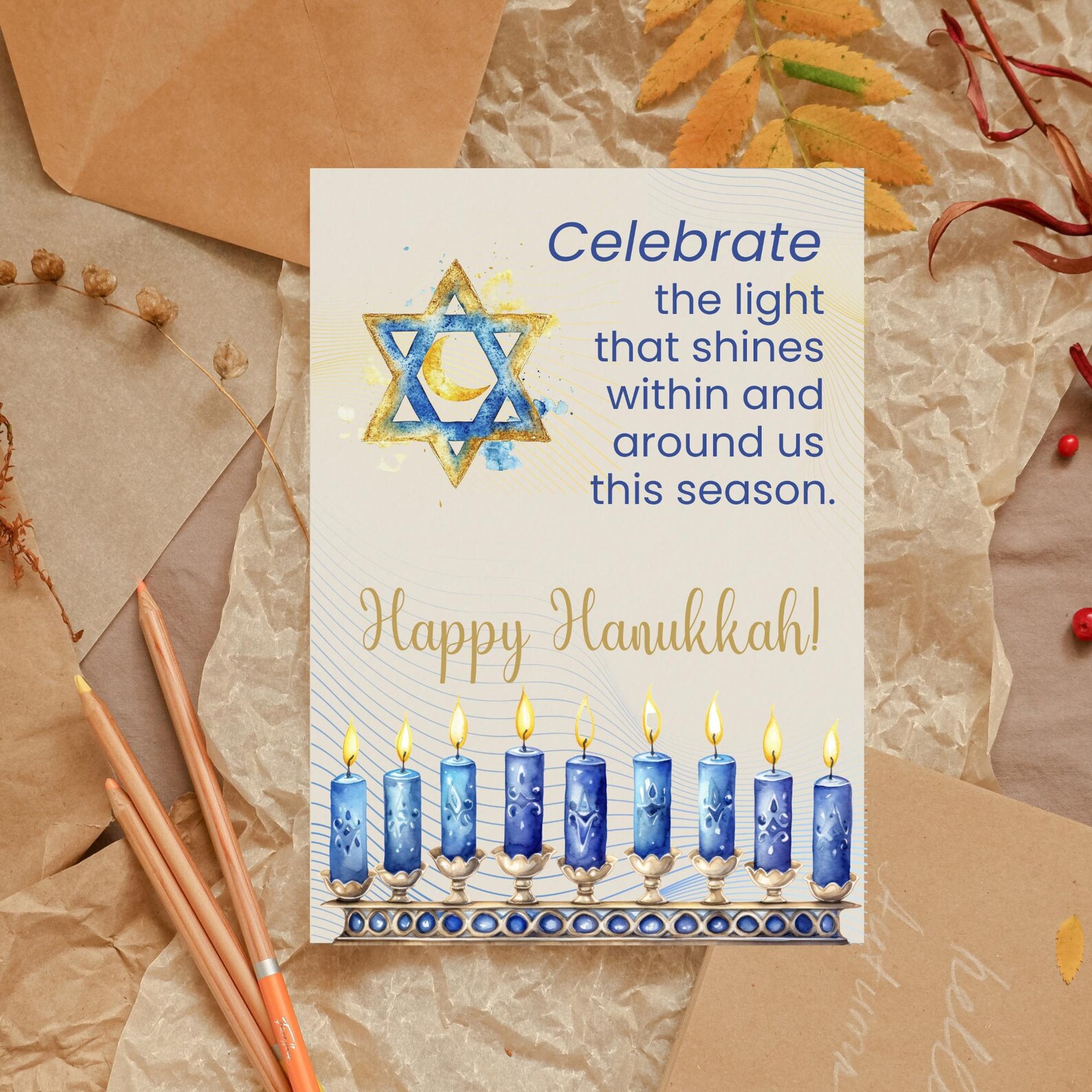 Hanukkah Greeting Card Religious Jewish Holiday Card Festival of Lights ...