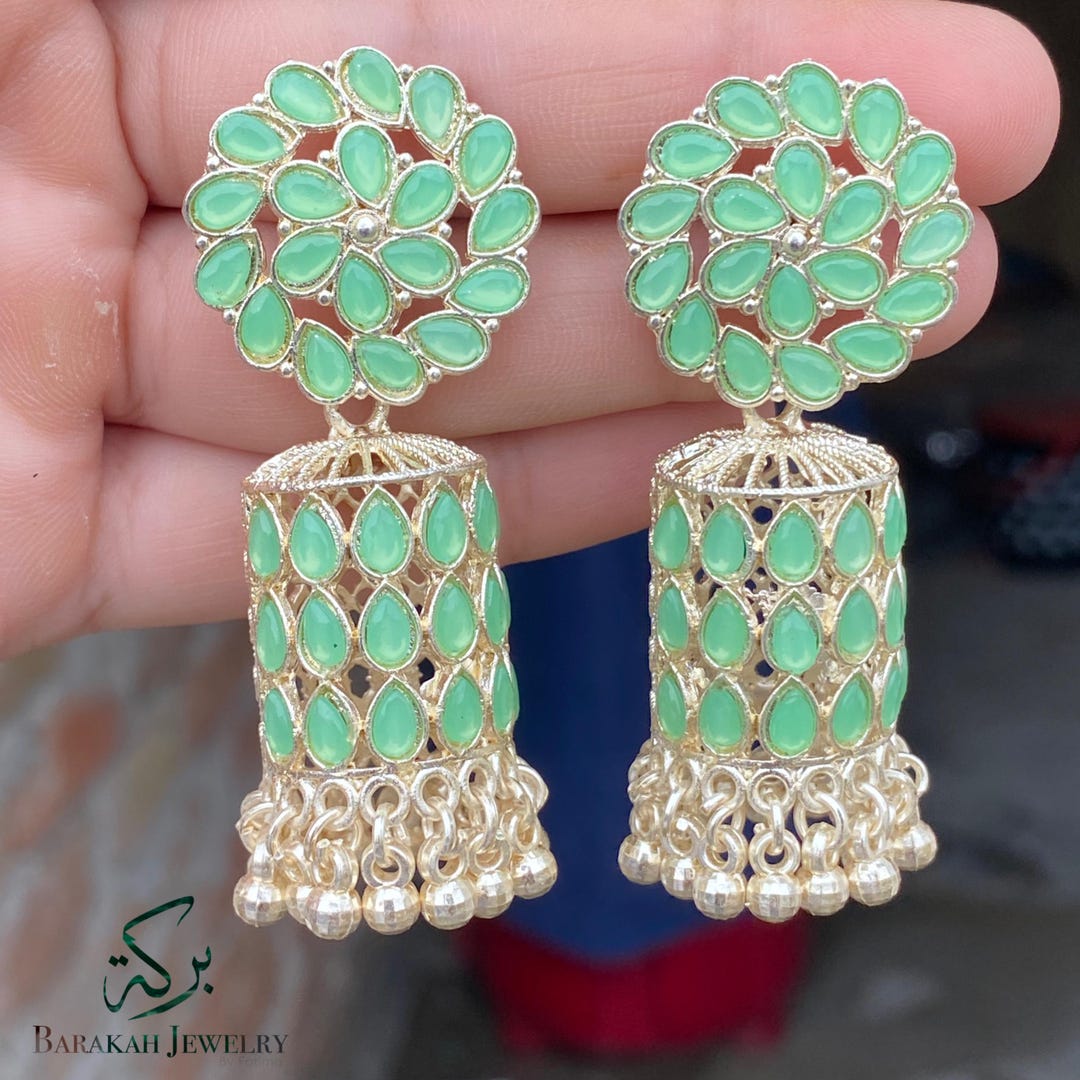 Green Fancy Jhumka Earrings • Colourful Jhumkas • Fancy Jhumka • Indian ...