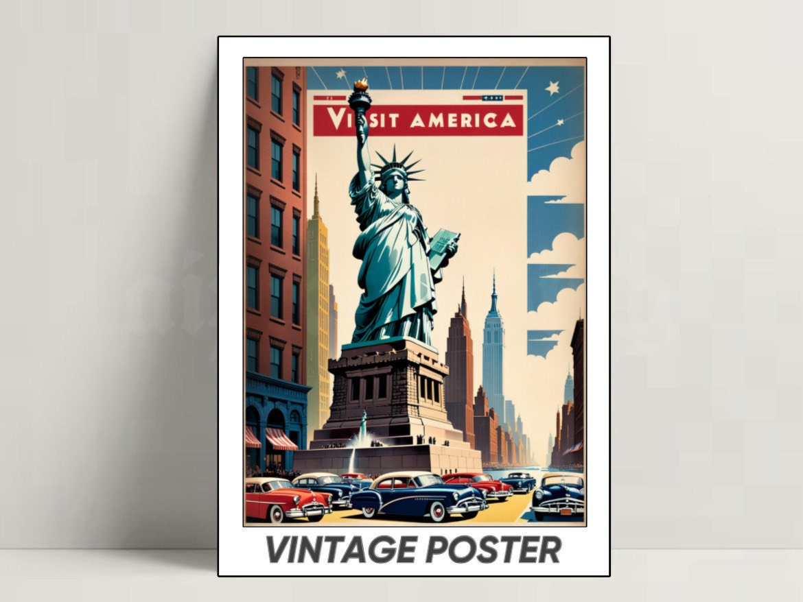 Vintage Poster USA visit America Featuring the Statue of Liberty Ai ...