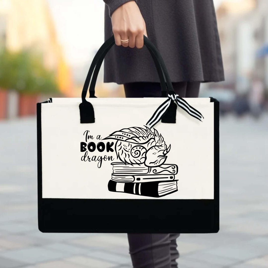 Book Dragon Canvas Tote Bag: Fantasy Bookworm Library Bag - Etsy