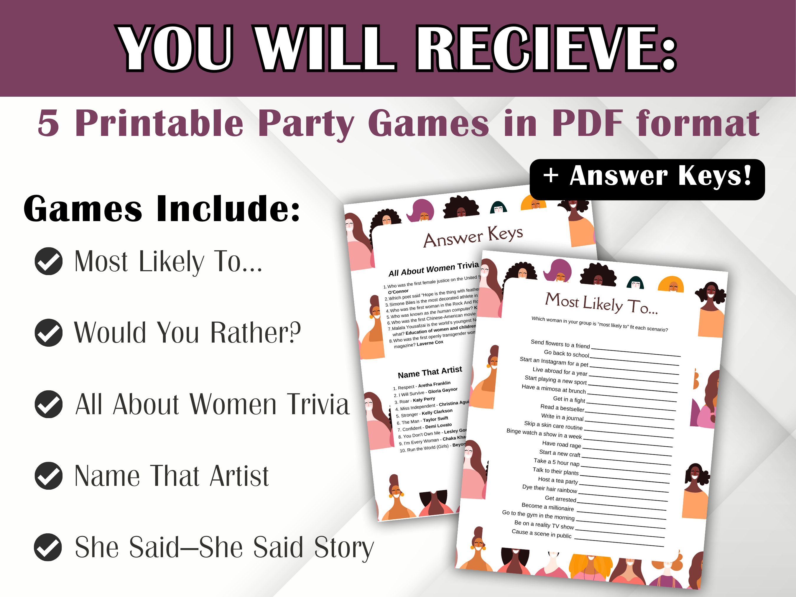 Party Games for Women 5 Printable Games for Women Fun Games for Adults ...