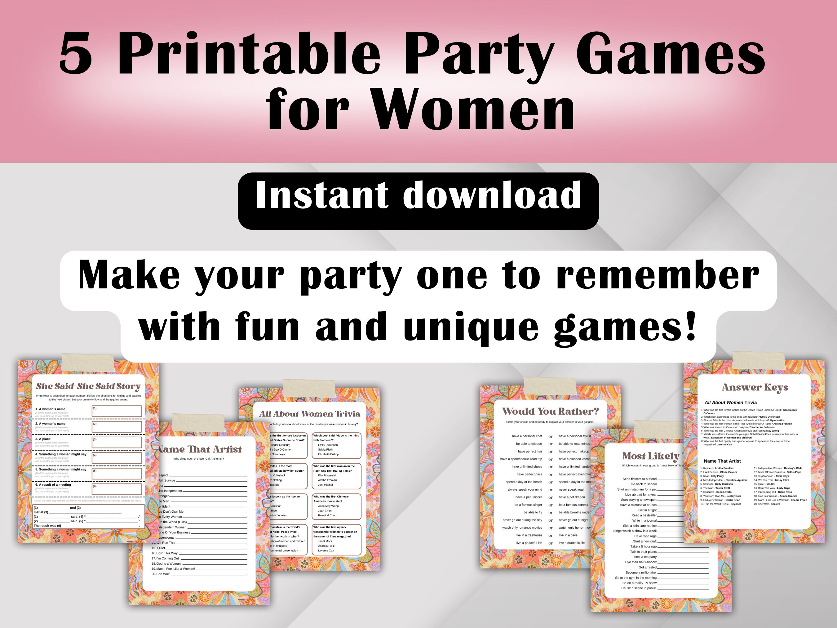 Printable Party Games 5 Printable Games for Women Fun Games for Adults ...