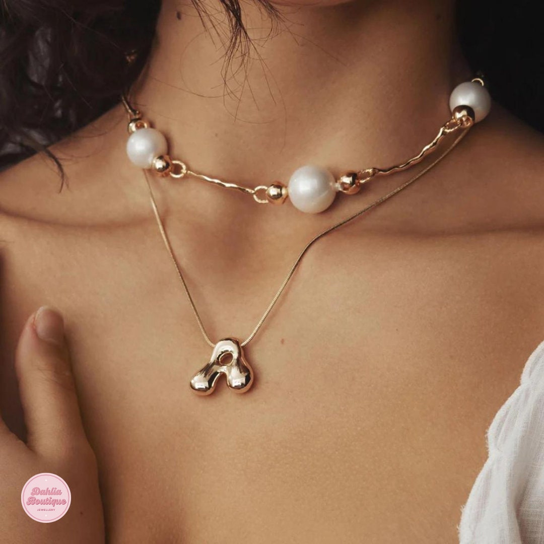 Balloon Letter Necklace • 3D Gold Initial Pendant With Personalization • Bubble Letter Charm ...