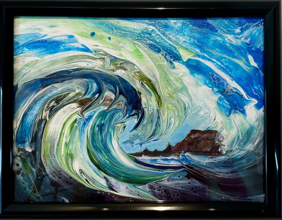 UNIQUE Curling Wave Ocean Pour Painting With Mountain View Curling Wave ...