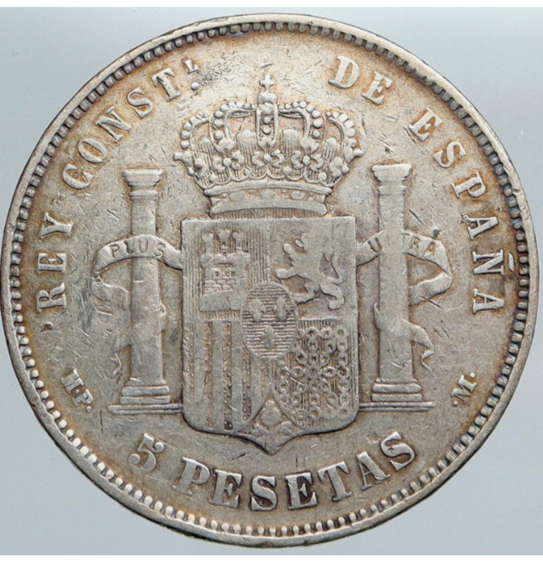 1890 SPAIN With Spanish King ALFONSO XIII Antique Silver 5 Pesetas Coin ...