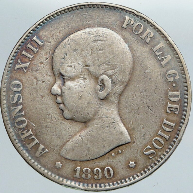 1890 SPAIN With Spanish King ALFONSO XIII Antique Silver 5 Pesetas Coin ...