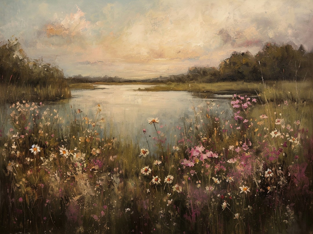 Printable Wildflowers on Riverbank Oil Painting, Vintage Meadow ...