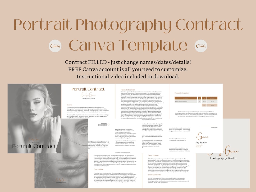 Portrait Photography Contract Template for Canva Clean Neutrals Free ...