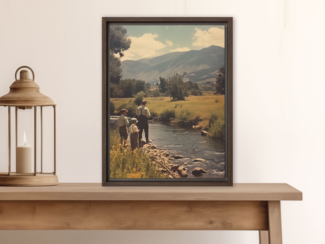 Vintage Fishing Wall Decor Framed Canvas Cabin Decor Country Home ...