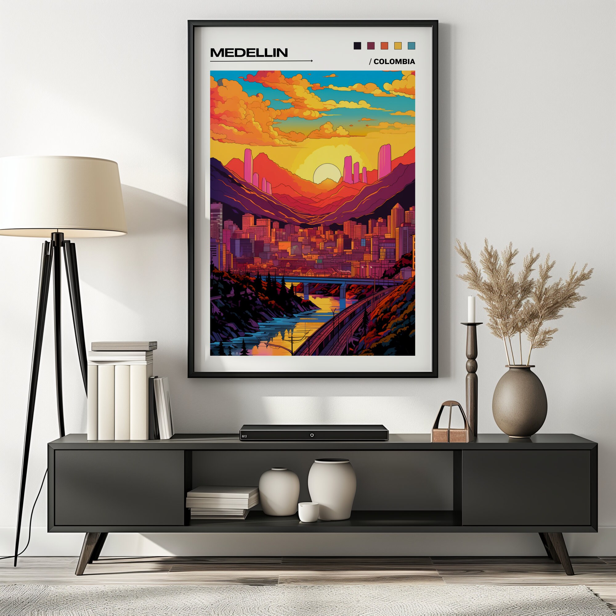 Medellin Colombia Graphic Illustration Print Vibrant Cityscape Art ...