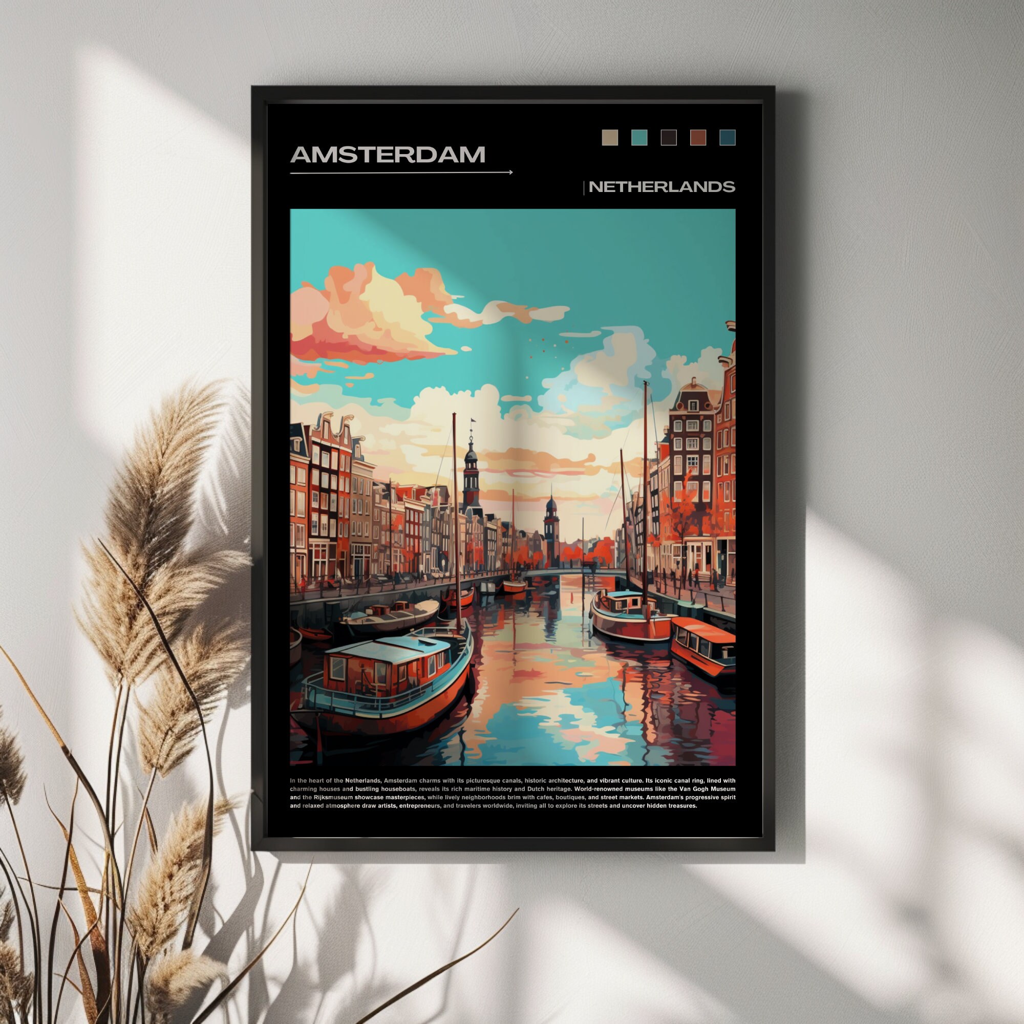 Amsterdam Nightscape Infographic Print, Dark Theme Cityscape Poster ...