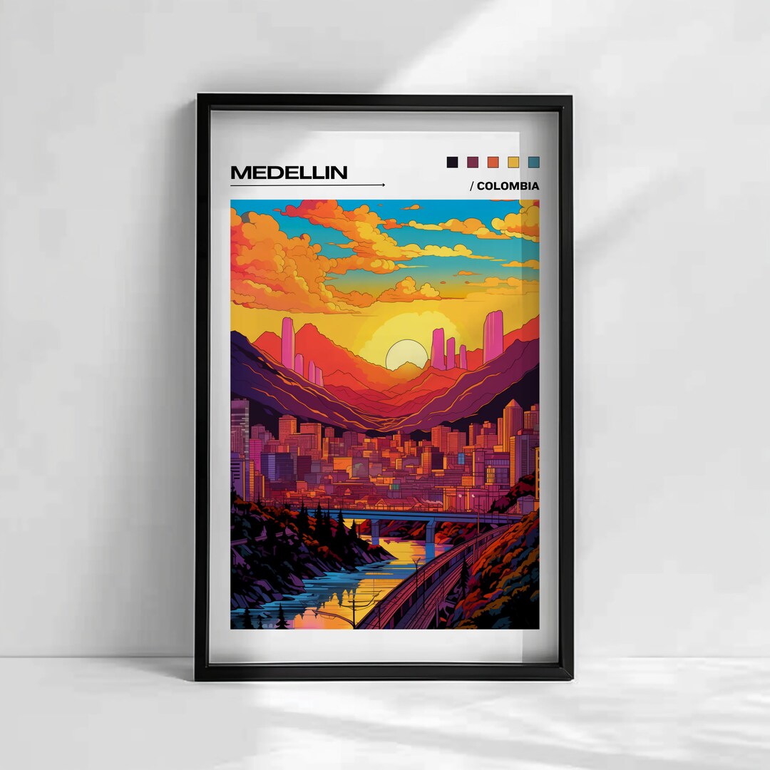 Medellin Colombia Graphic Illustration Print Vibrant Cityscape Art ...
