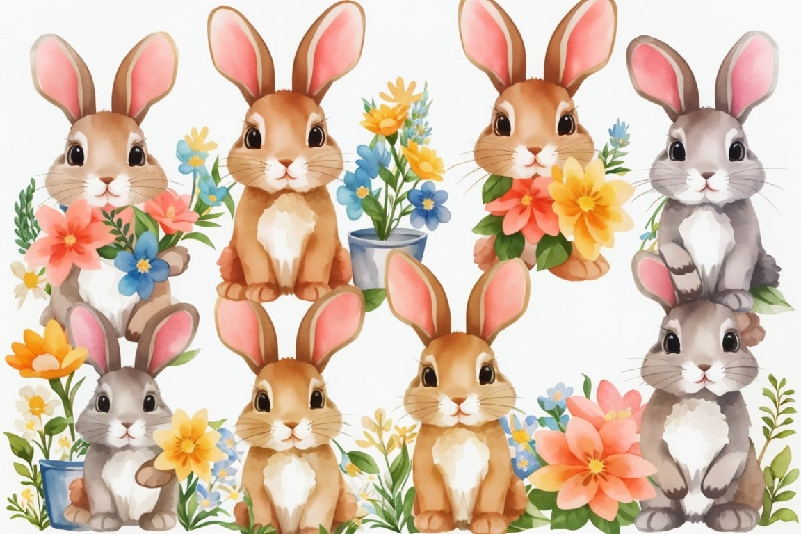 8 Bunnies With Flowers Digital Download Cuteness to Your Creative ...