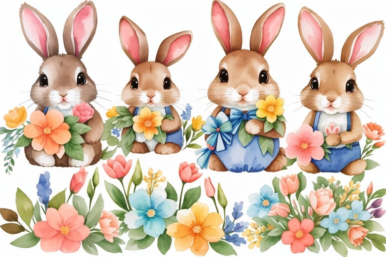 8 Bunnies With Flowers Digital Download Cuteness to Your Creative ...