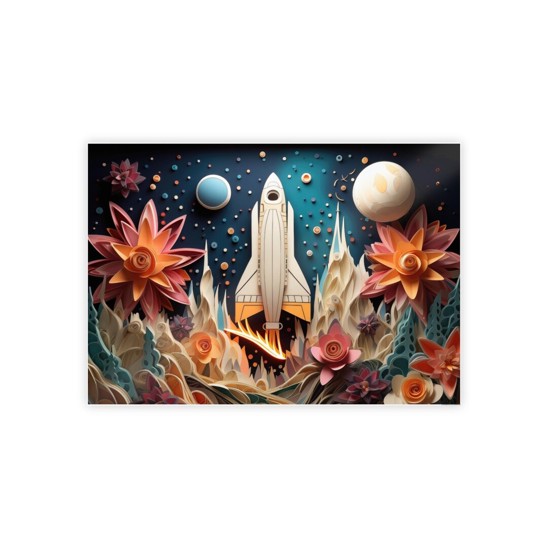 Rocket Ship Paper Collage Gloss Poster - Etsy