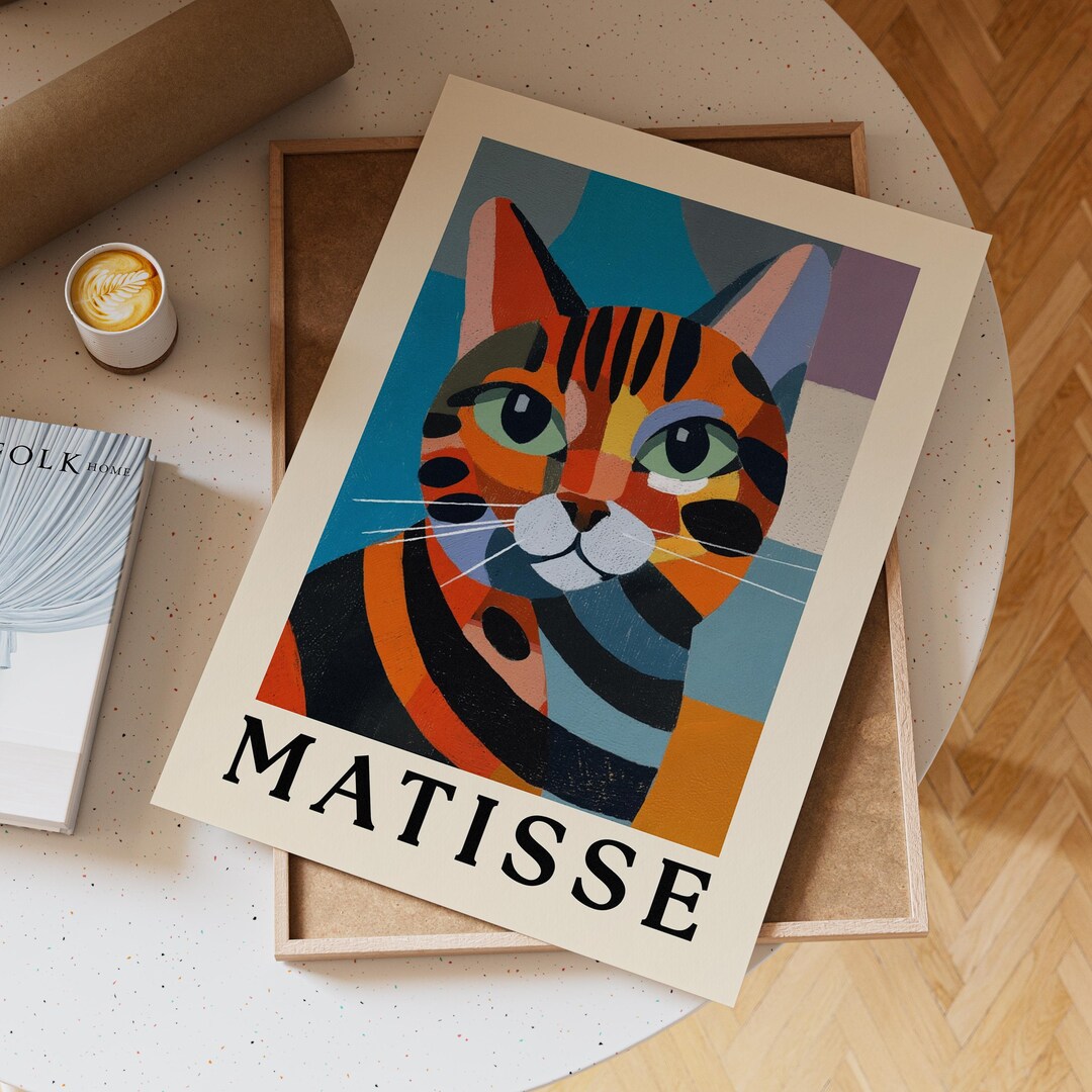 Digital Art Print - Matisse Inspired Tabby Cat Orange Teal Geometric ...