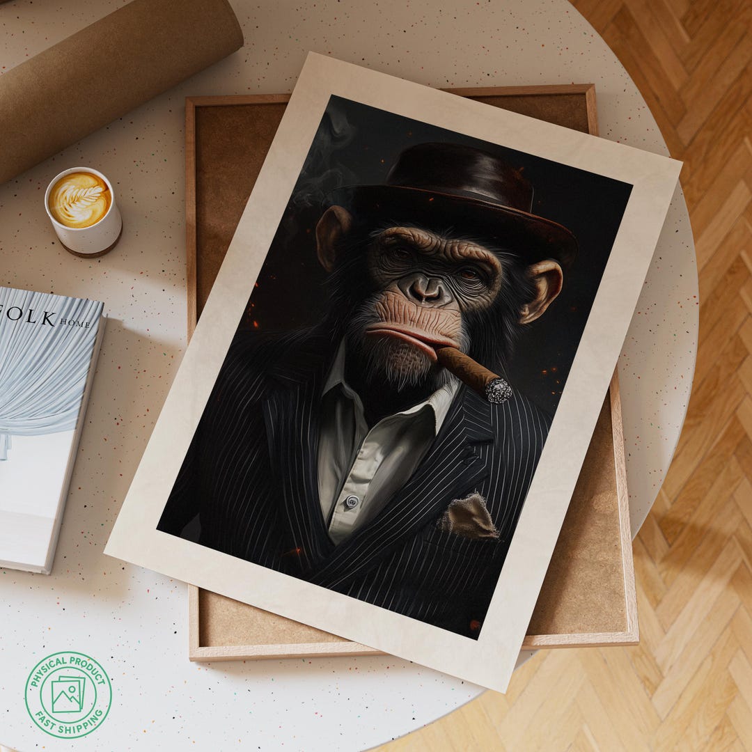 Art Print - Chimpanzee Smoking Cigar Pinstripe Portrait Ebony Black ...