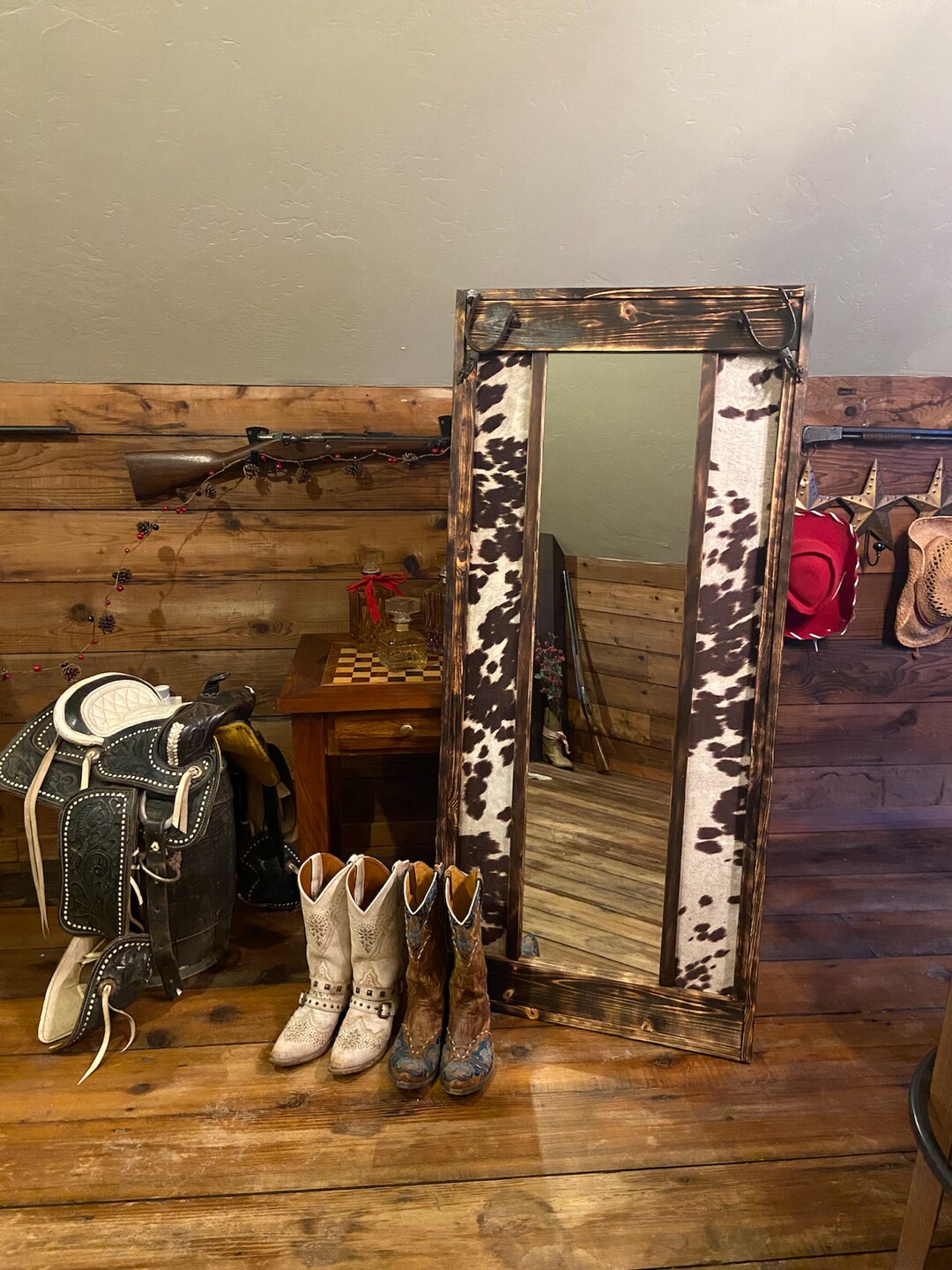 Standing Western Mirror Faux Cowhide Wood Rustic Modern Farmhouse - Etsy