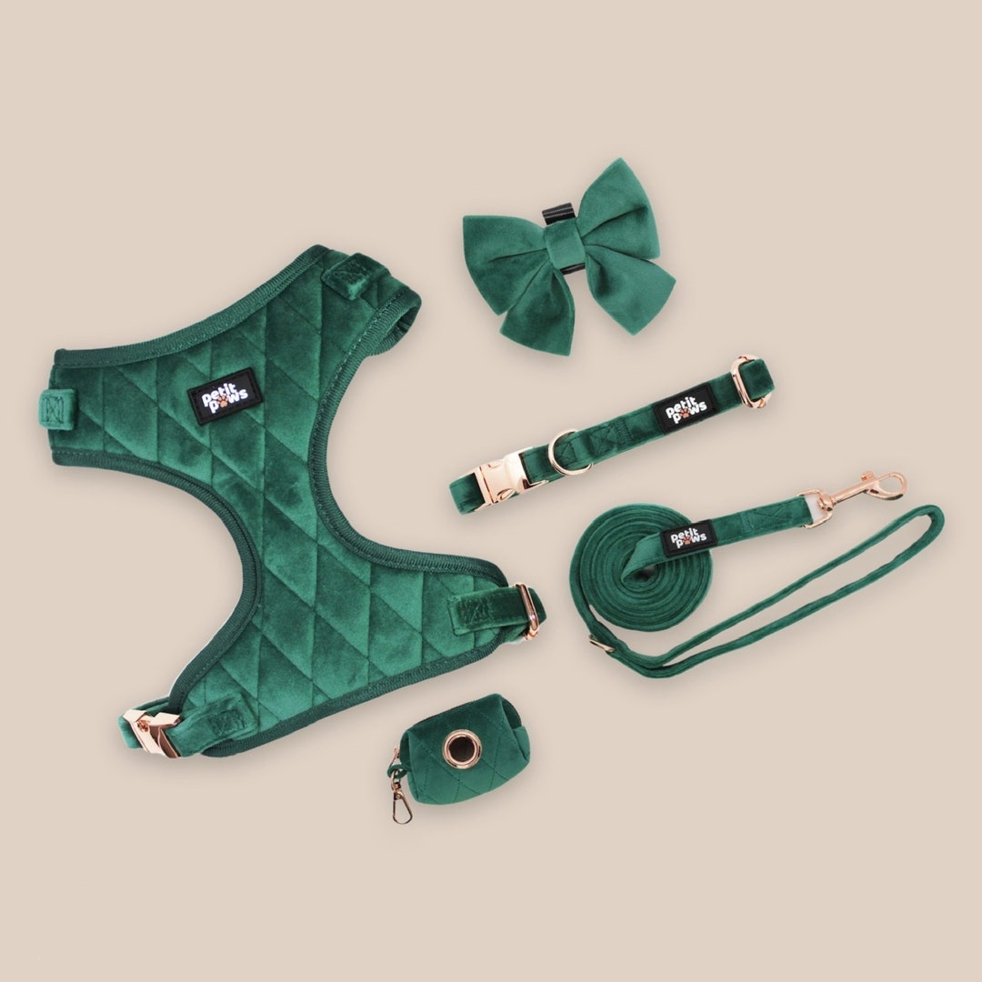 Forest Green Velvet, Rose Gold, High Quality, Adjustable Dog Harness ...