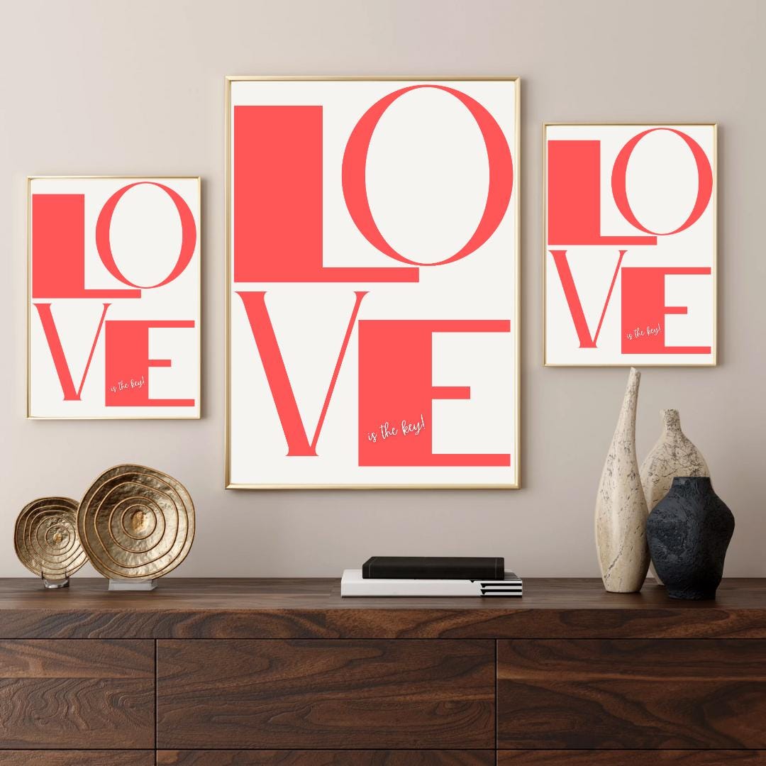 Love Poster Retro Wall Art Print Red Typography Wall Art Positive Quote ...