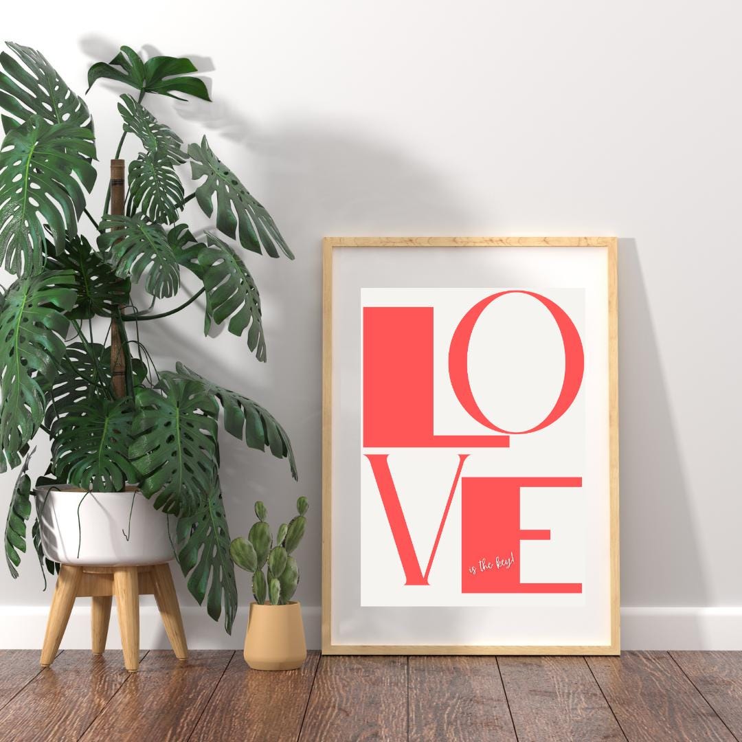 Love Poster Retro Wall Art Print Red Typography Wall Art Positive Quote ...