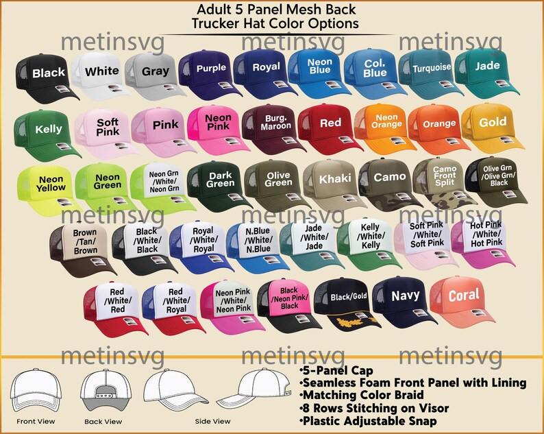 Foam Trucker Hat Size Chart, Color Chart, Snapback Hat Color Chart, Cap ...