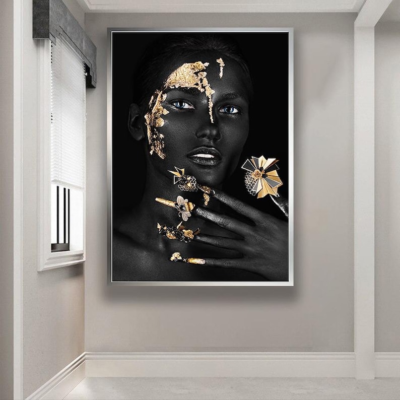 Luxury Black and Gold Woman Portrait, Glamour Abstract Face Art, Modern ...
