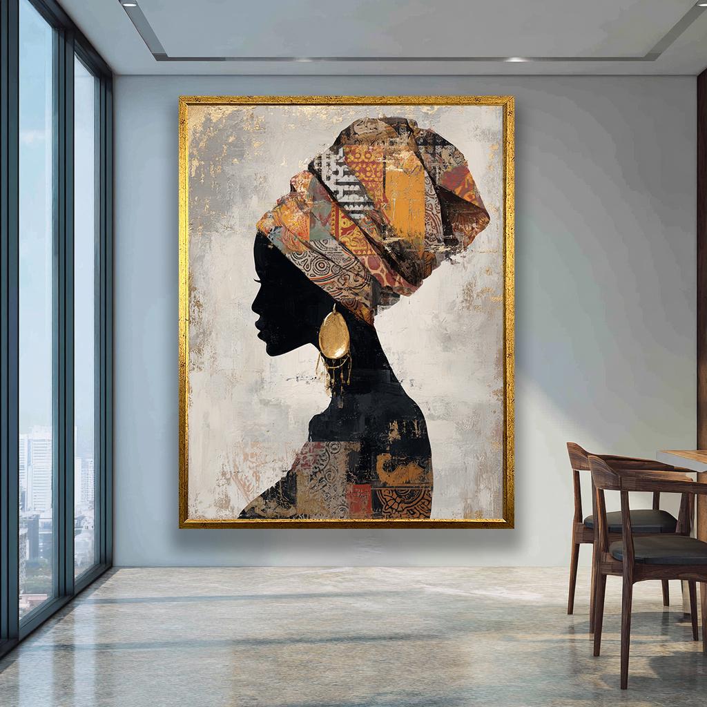 African Woman Silhouette Art – Gold & Patterned Headwrap Modern Wall ...