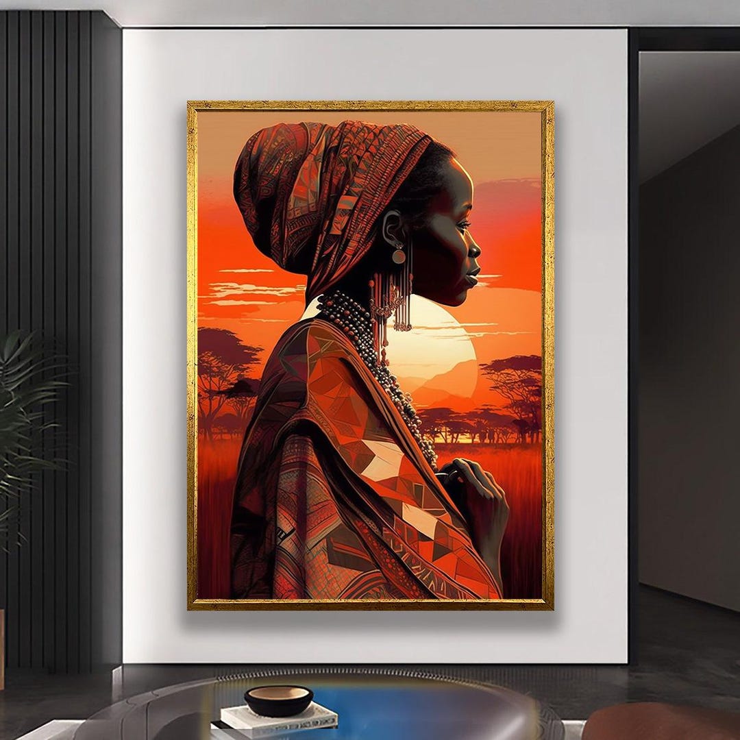 African Woman Sunset Portrait Wall Art, Tribal Beauty Canvas, Vibrant ...
