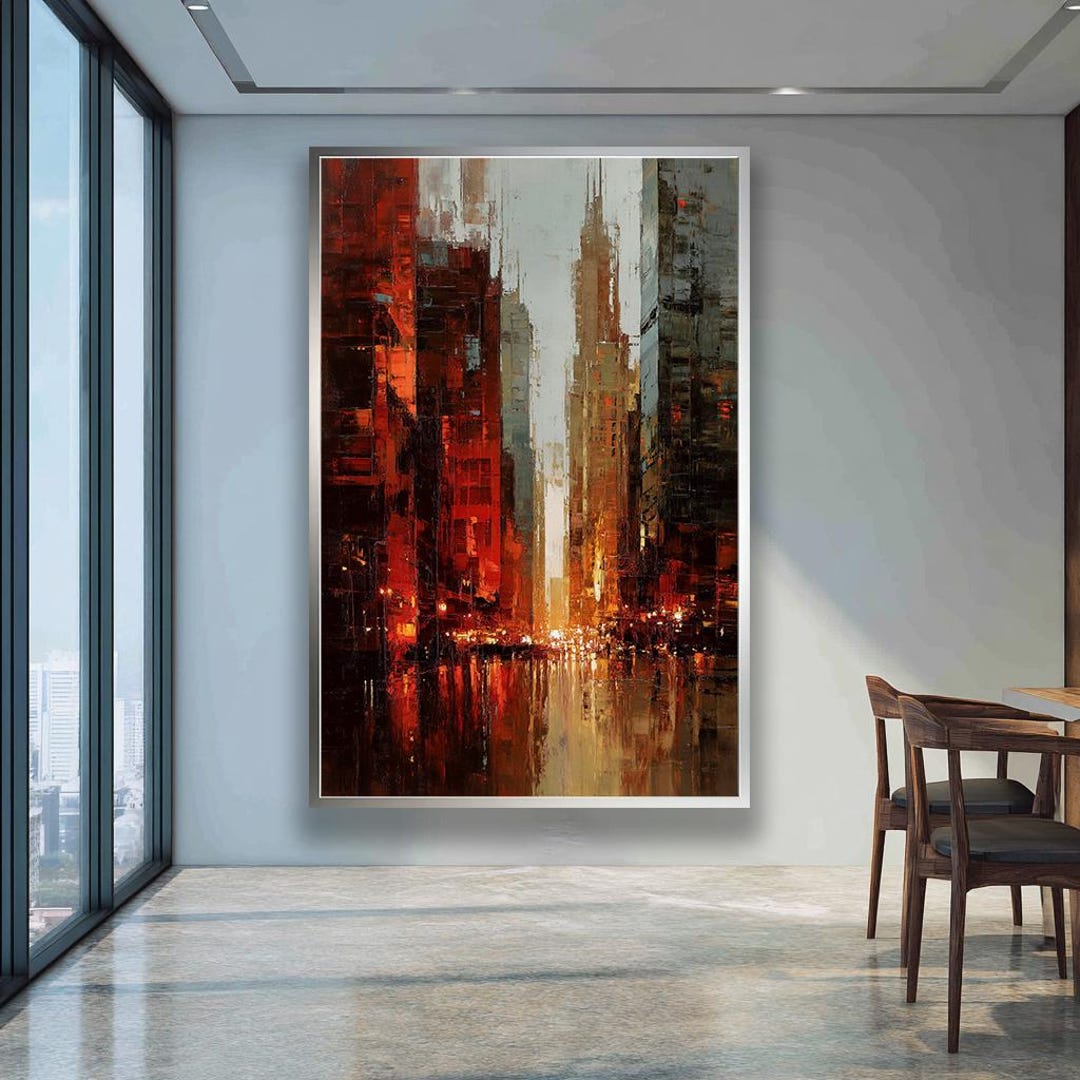 Abstract Cityscape Wall Art, Modern Urban Skyline Painting, Red Orange ...