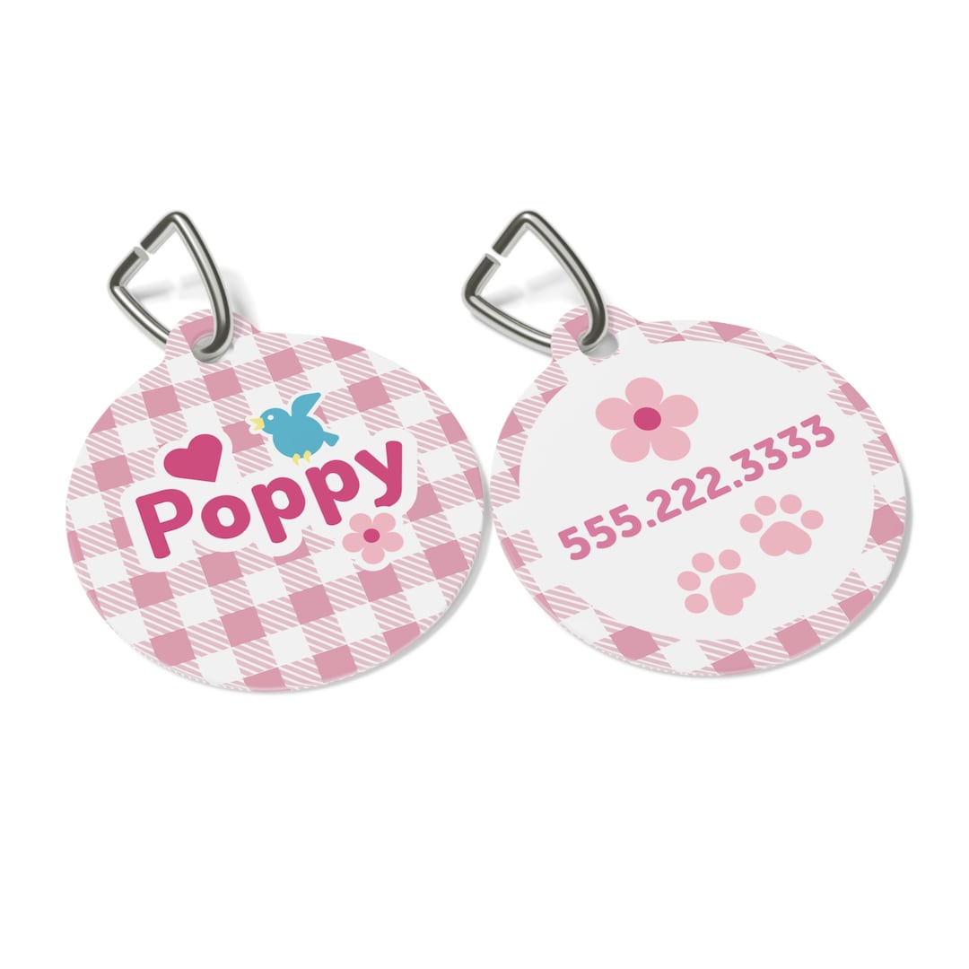 Custom Cat Name Tag With Cute Pink Plaid Pattern 2-sided Custom 1x1 Cat ...