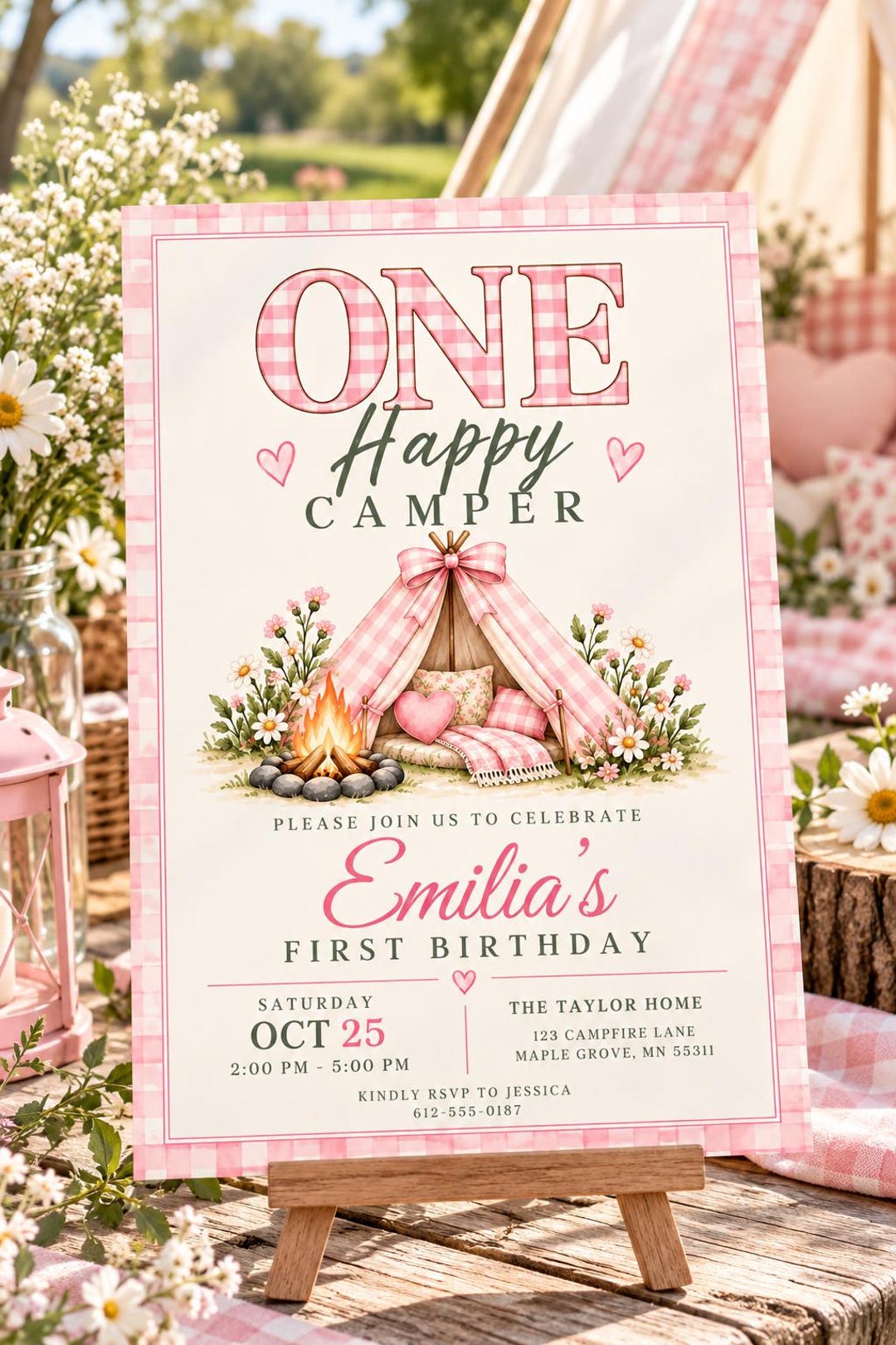 ONE Happy Camper First Birthday Invitation Girl, Pink Gingham Camping ...