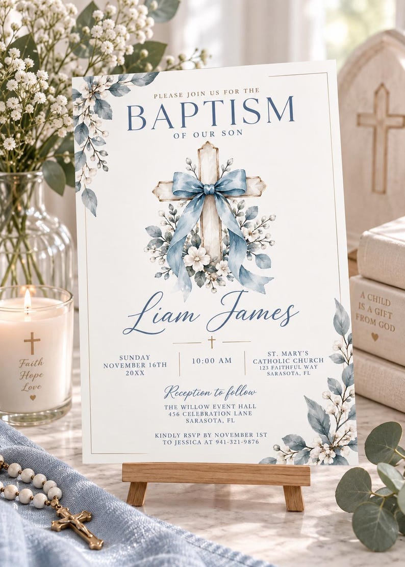 Baptism Invitation for Boy, Dusty Blue Baptism Invite, Cross ...