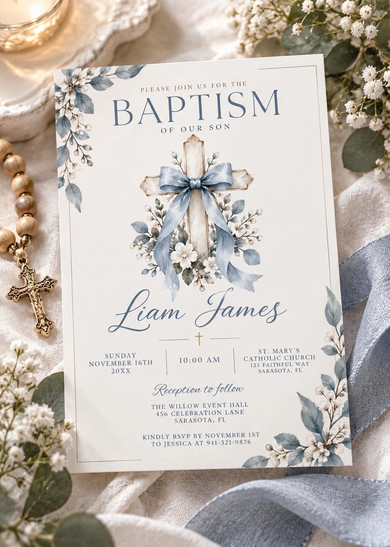 Baptism Invitation for Boy, Dusty Blue Baptism Invite, Cross ...