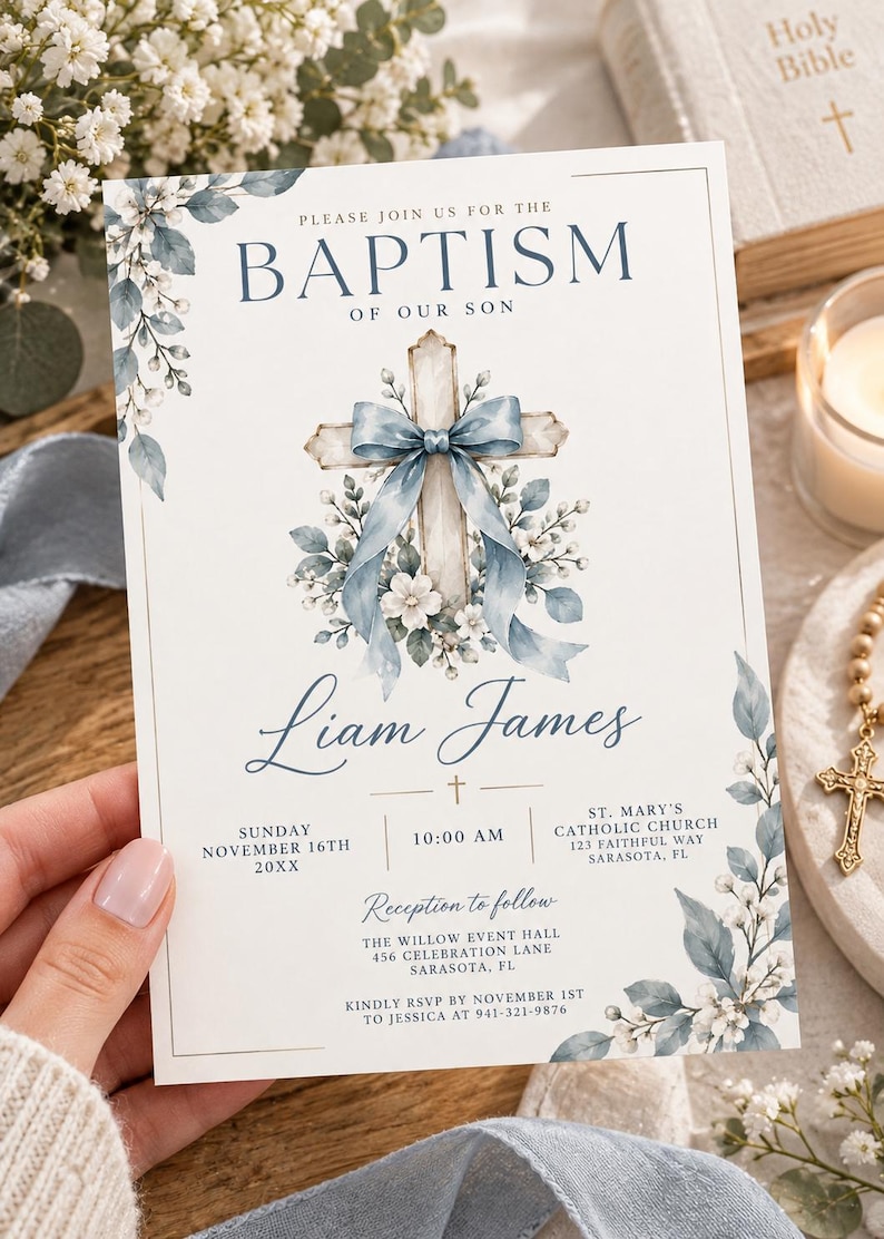 Baptism Invitation for Boy, Dusty Blue Baptism Invite, Cross ...