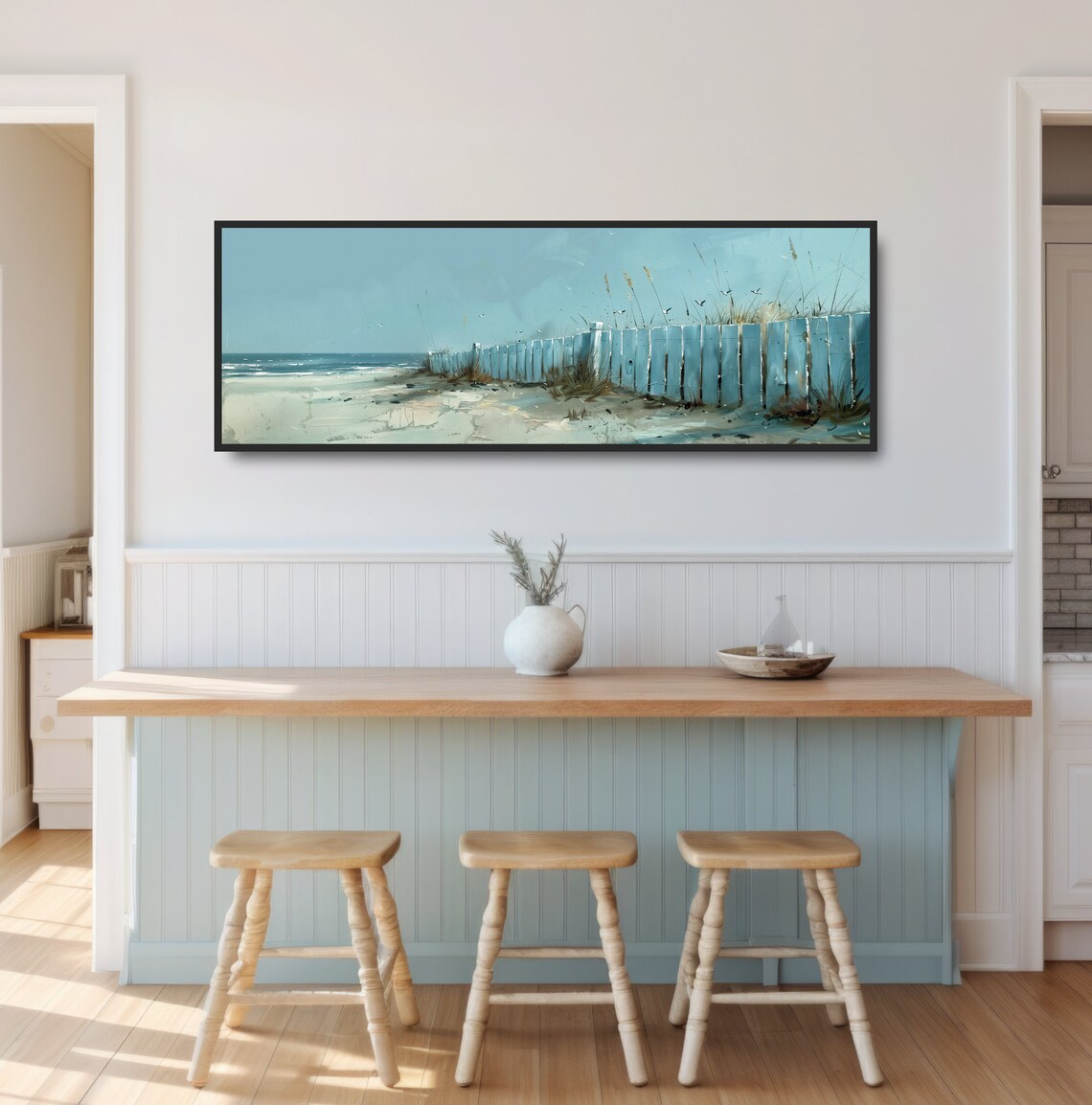Beach Fence Painting Print. Ocean Costal Decor. Panoramic Seascape Wall ...