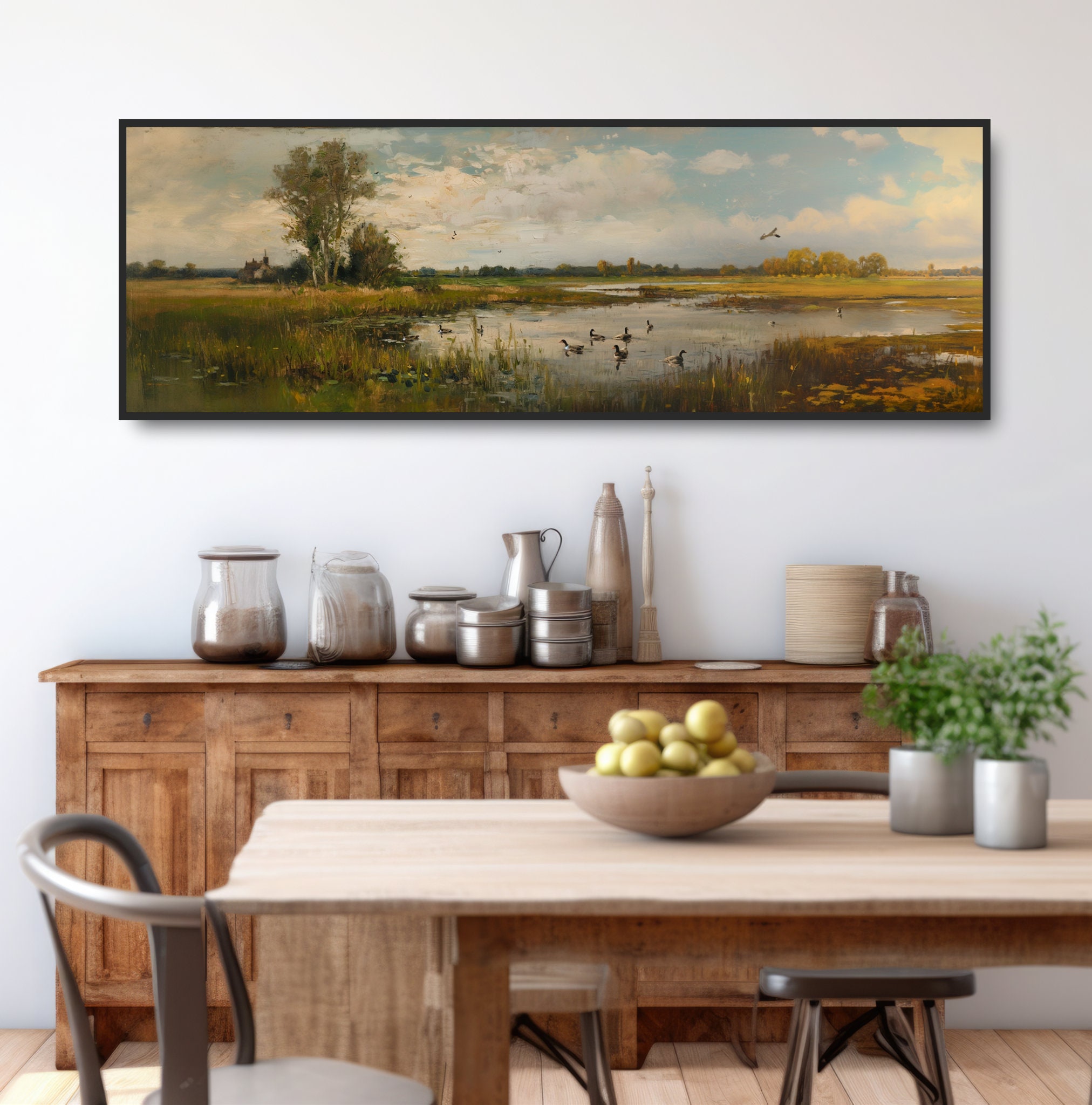 Duck Pond Panoramic Oil Painting Print. Marsh Lowlands Waterfowl Birds ...
