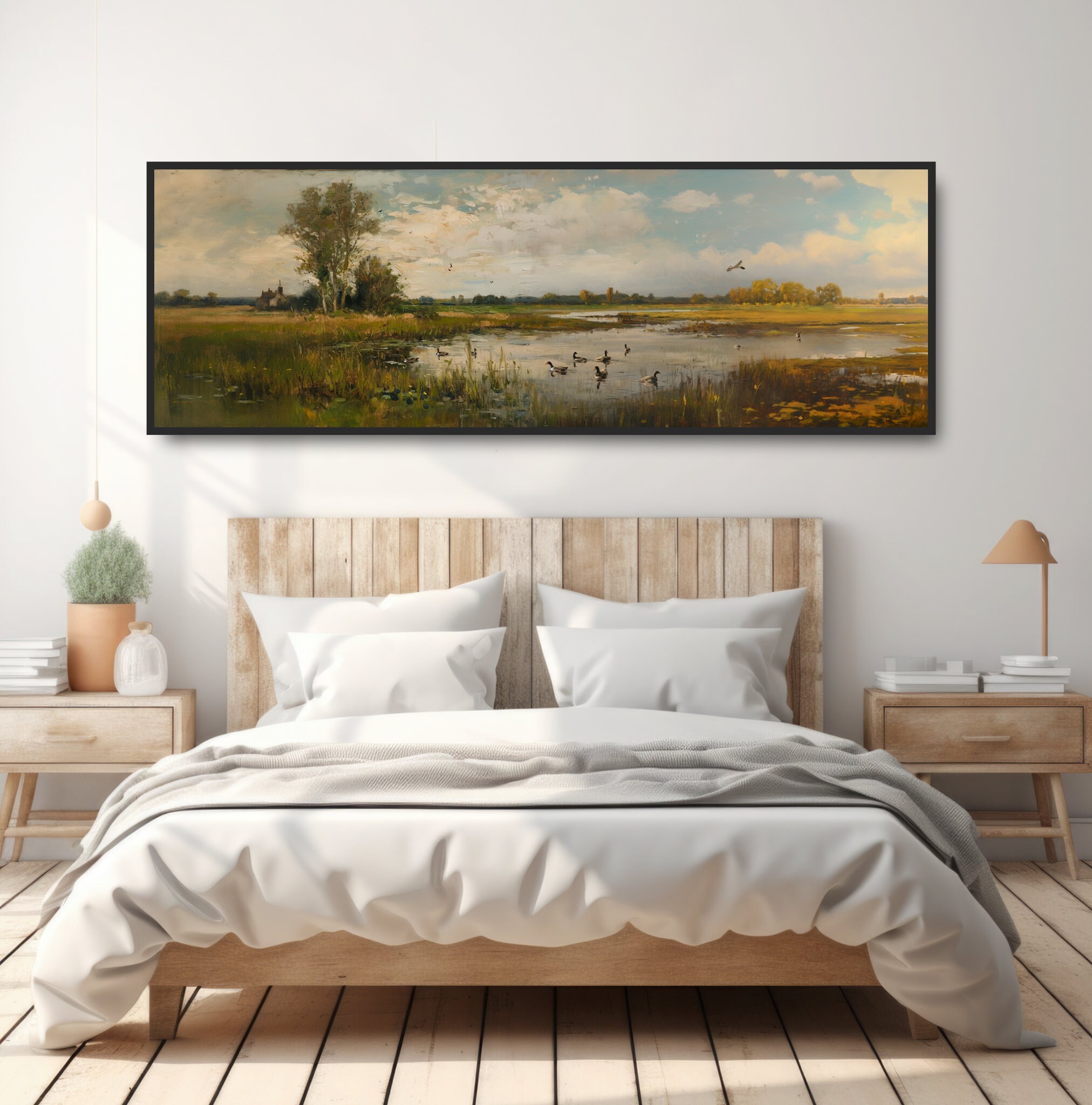 Duck Pond Panoramic Oil Painting Print. Marsh Lowlands Waterfowl Birds ...
