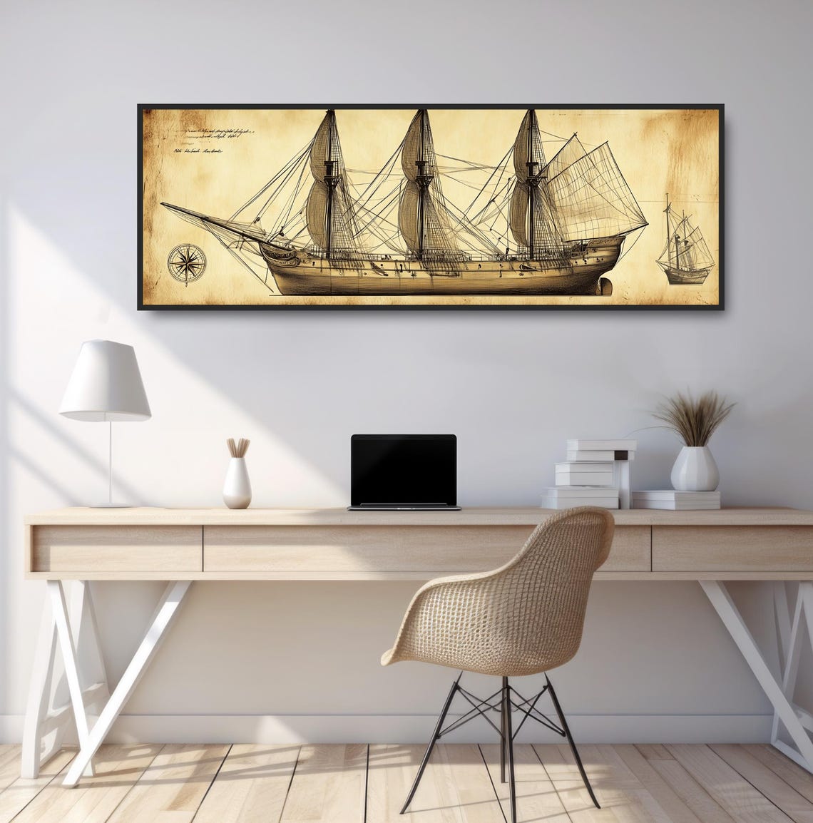 Vintage Sailing Ship Drawing, Nautical Decor Wall Art, Panoramic ...