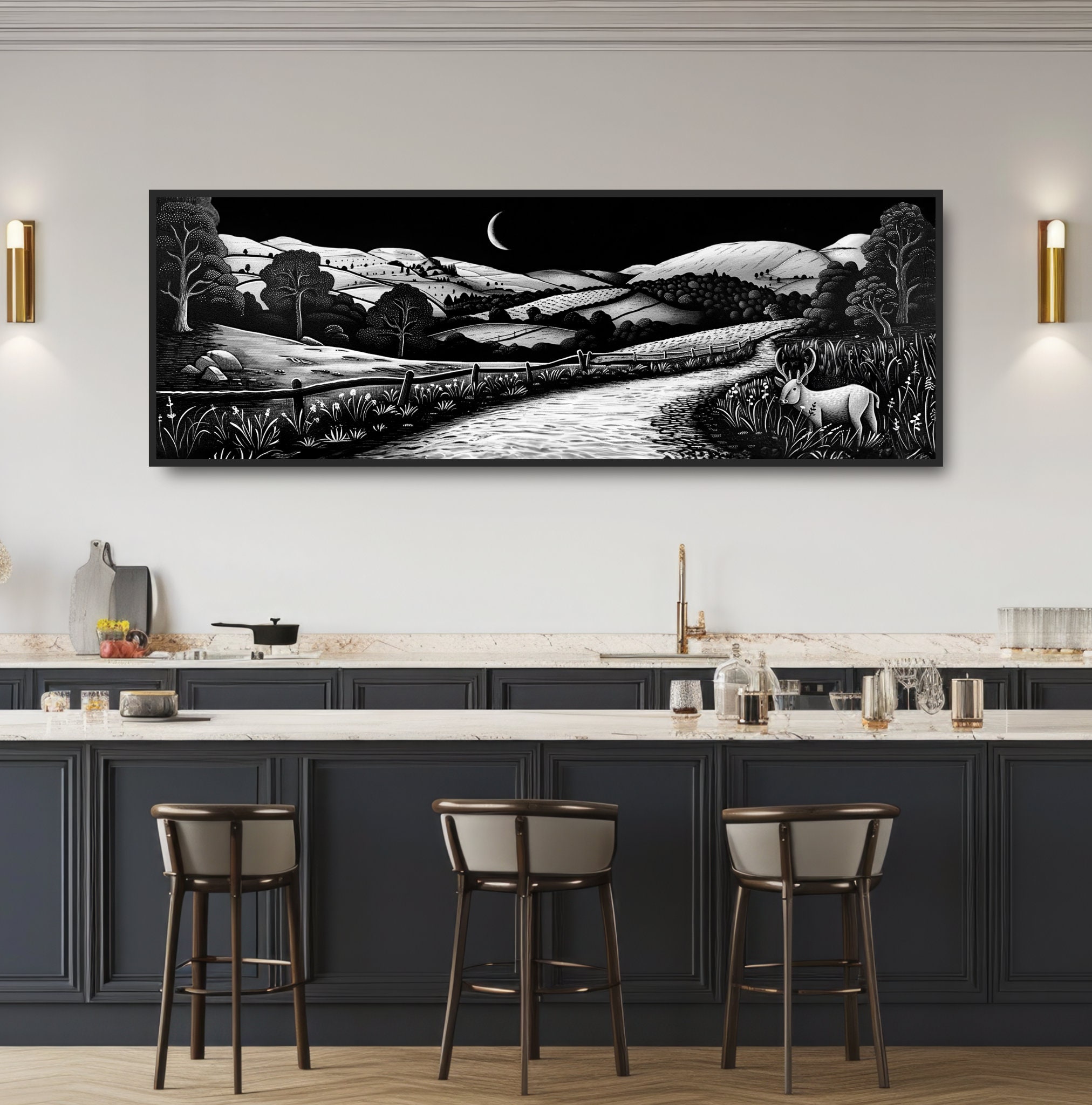 Woodcut Landscape Deer Print. Black and White Panoramic Canvas or ...