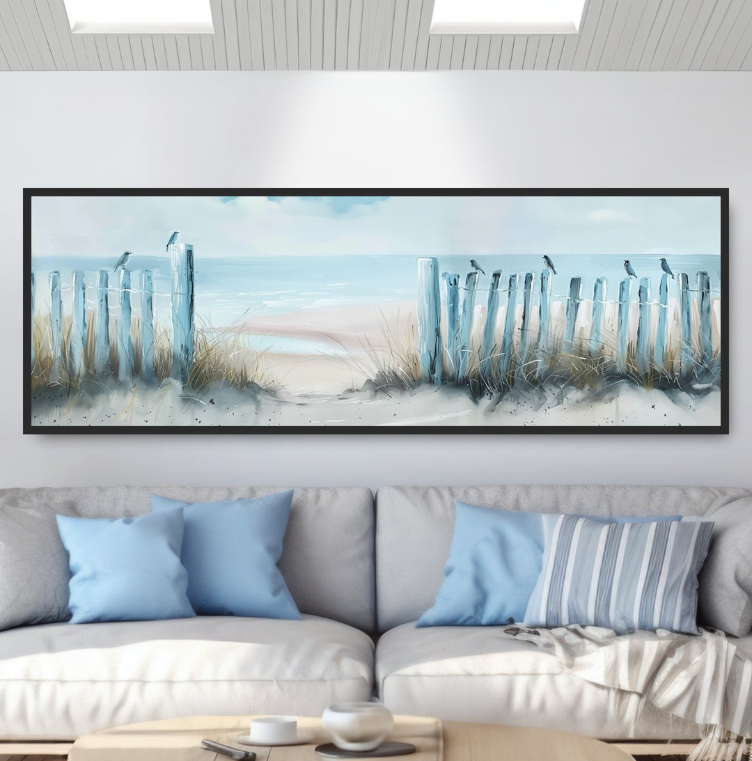 Birds on Beach Fence Watercolor Painting Print. Blue Ocean Beach House ...