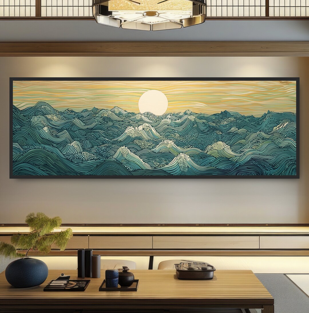 Moon & Ocean Waves Japanese Print. Panoramic Lunar Seascape Asian Art ...