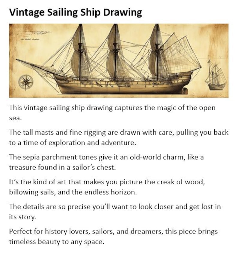 Vintage Sailing Ship Drawing, Nautical Decor Wall Art, Panoramic ...