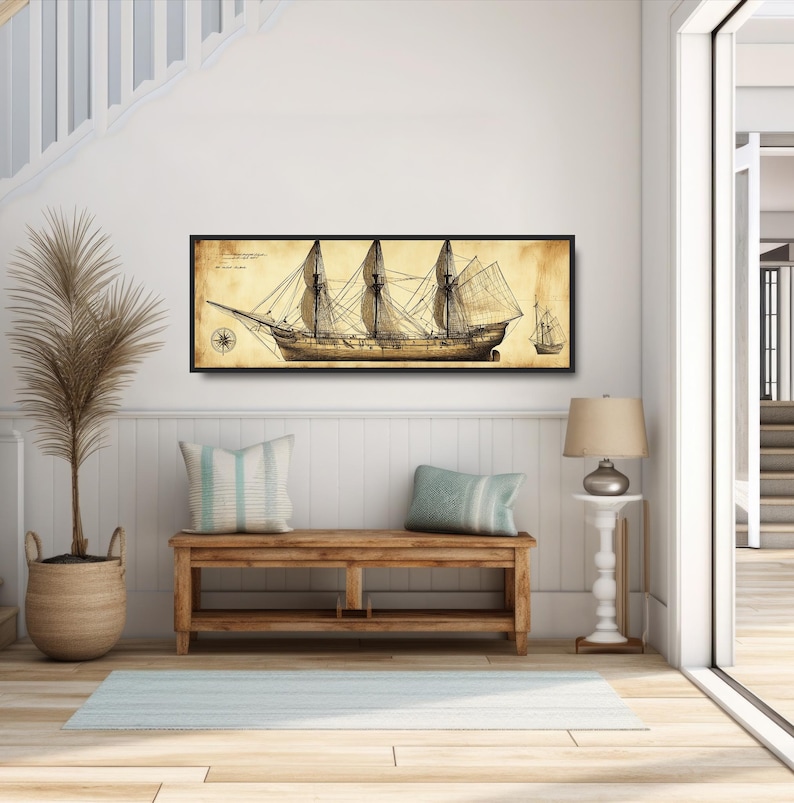 Vintage Sailing Ship Drawing, Nautical Decor Wall Art, Panoramic ...