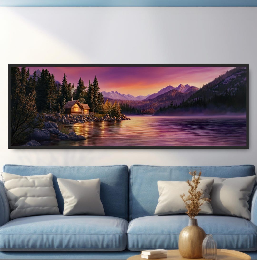 Rustic Log Cabin Painting Print, Lakeside Mountain Landscape Art ...