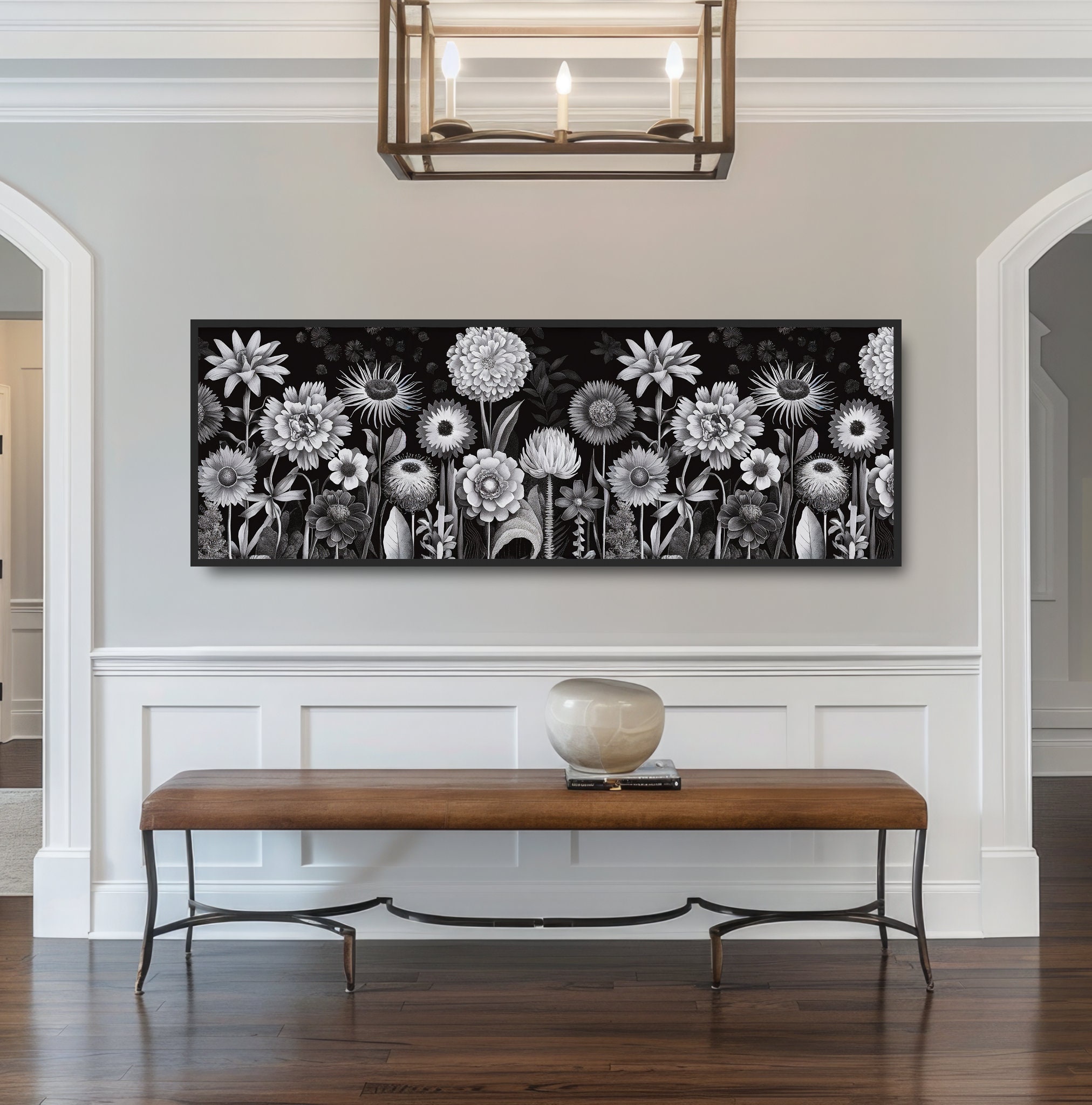 Black & White Field of Flowers Illustration Wall Art. Retro Floral Boho ...