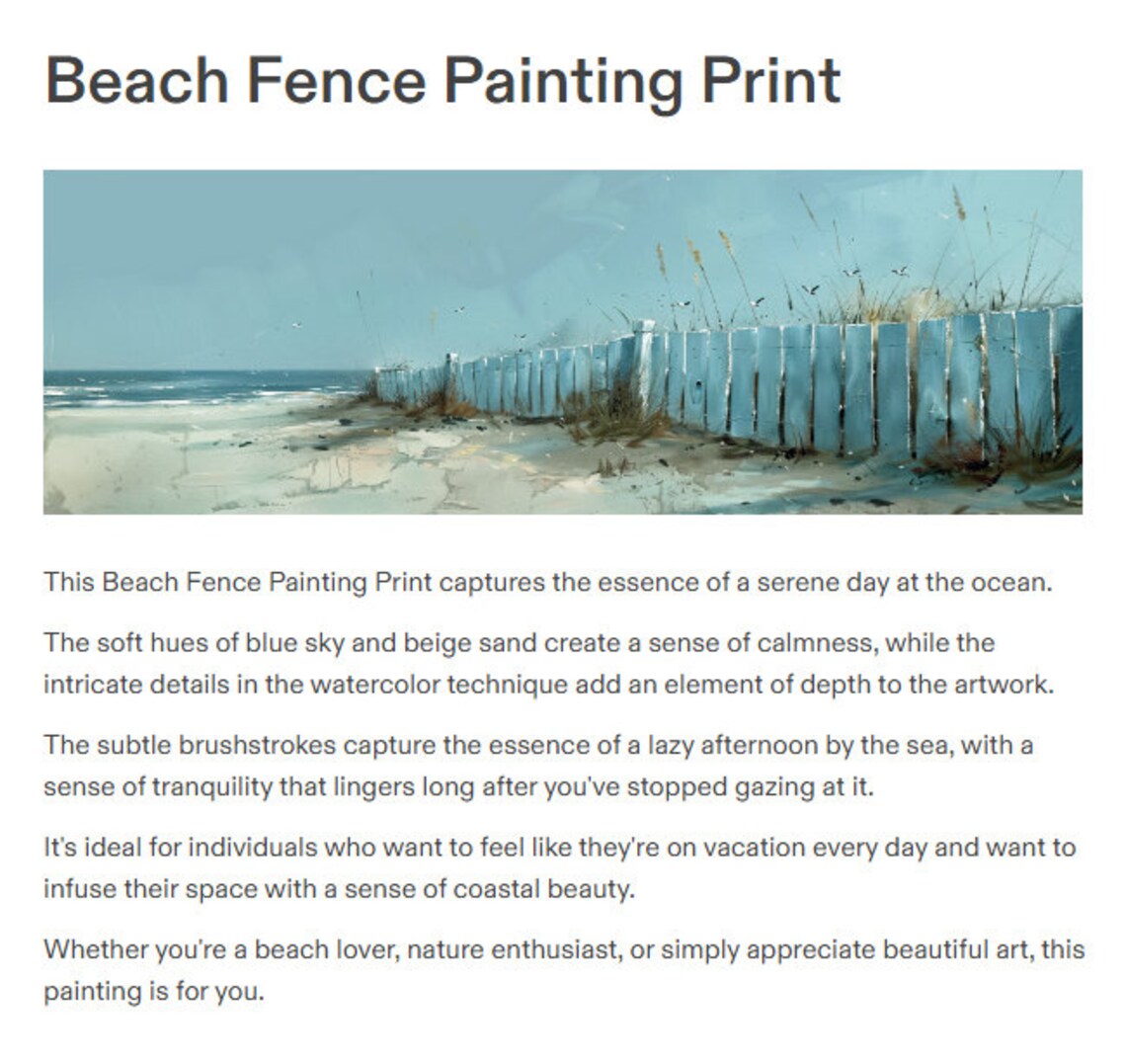 Beach Fence Painting Print. Ocean Costal Decor. Panoramic Seascape Wall ...